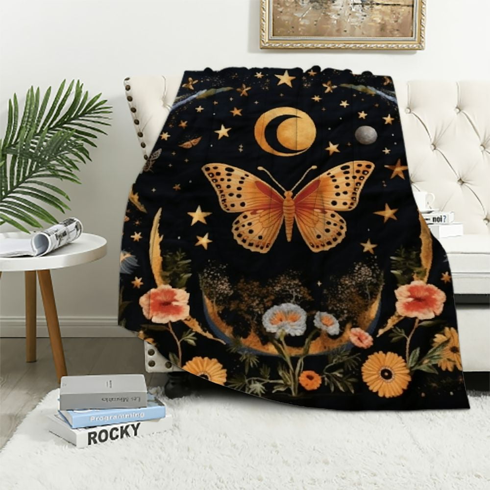 ARISTURING Orange Butterfly Moon Flowe Throw Blanket, Botanical Floral ...