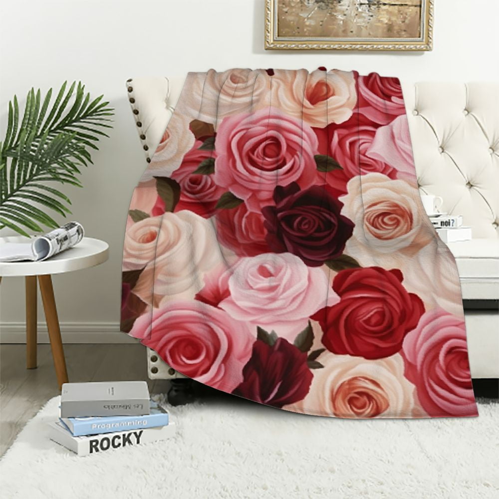 HENGT Pink Burgundy Pretty Rose Flower Blanket, Soft Blankets Bed Throw ...
