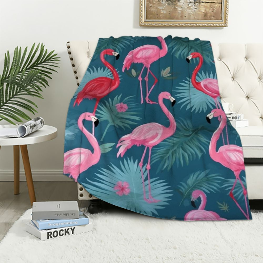 ARISTURING Pink Flamingo Blanket for Girls, Green Tropical Leaf ...