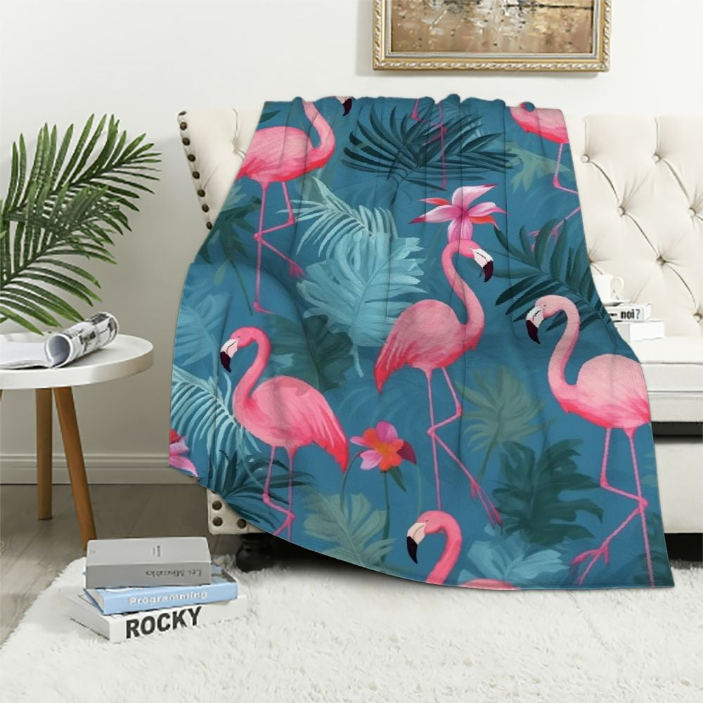 ARISTURING Pink Flamingo Blanket for Girls, Green Tropical Leaf ...