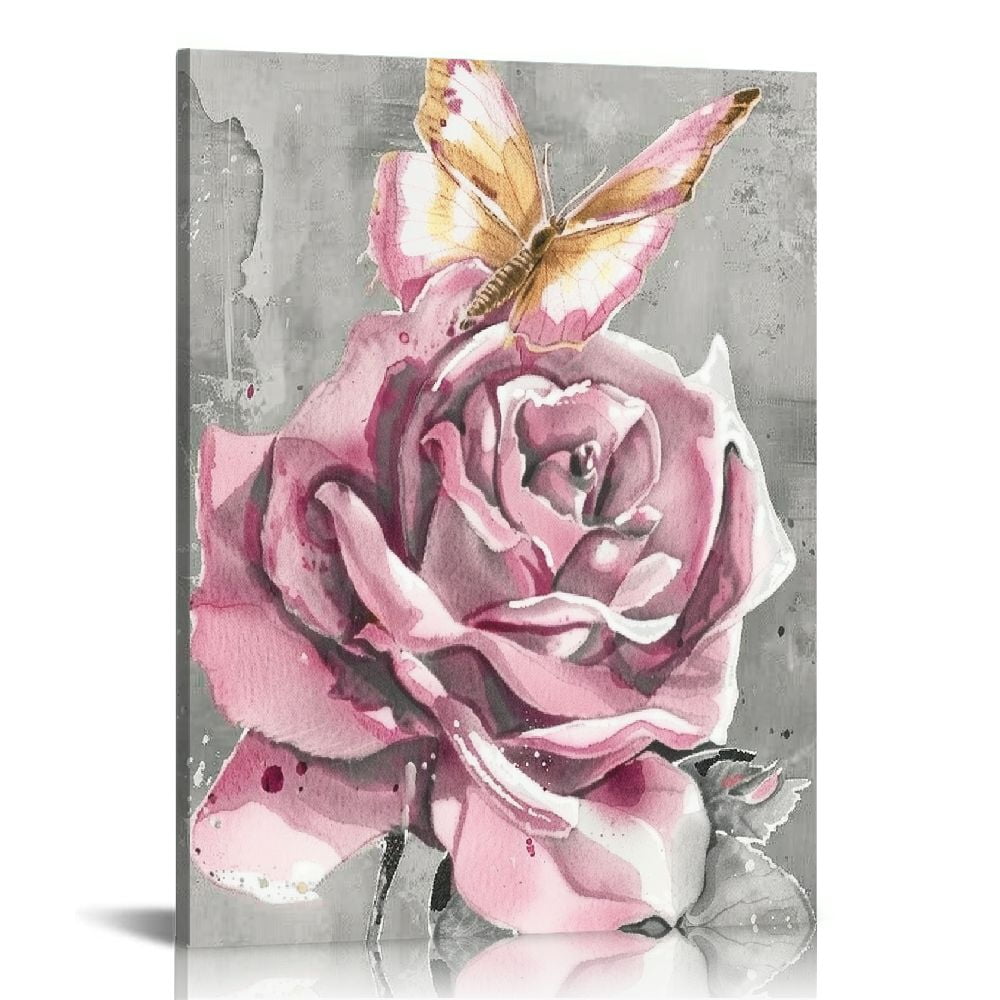 ARISTURING Pink Rose Flower Wall Art Paintings Floral with Butterfly ...