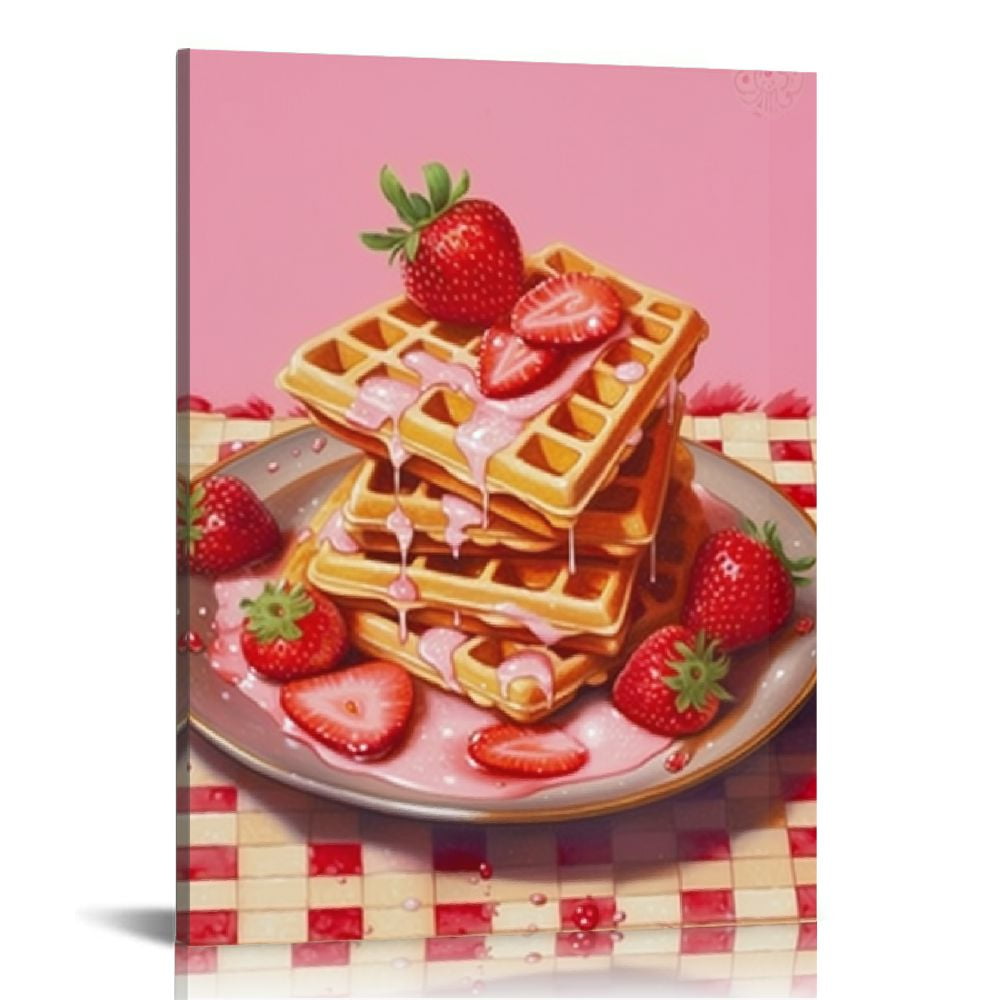 ARISTURING Pink Waffles Art Poster Strawberry Cake Canvas Painting Pink ...