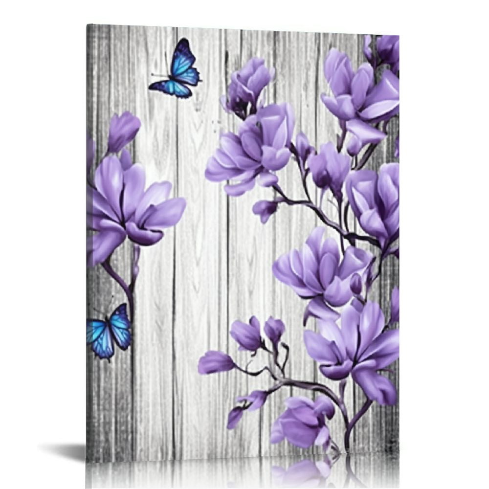 ARISTURING Purple Wall Decor Abstract Flowers and Butterfly Painting ...