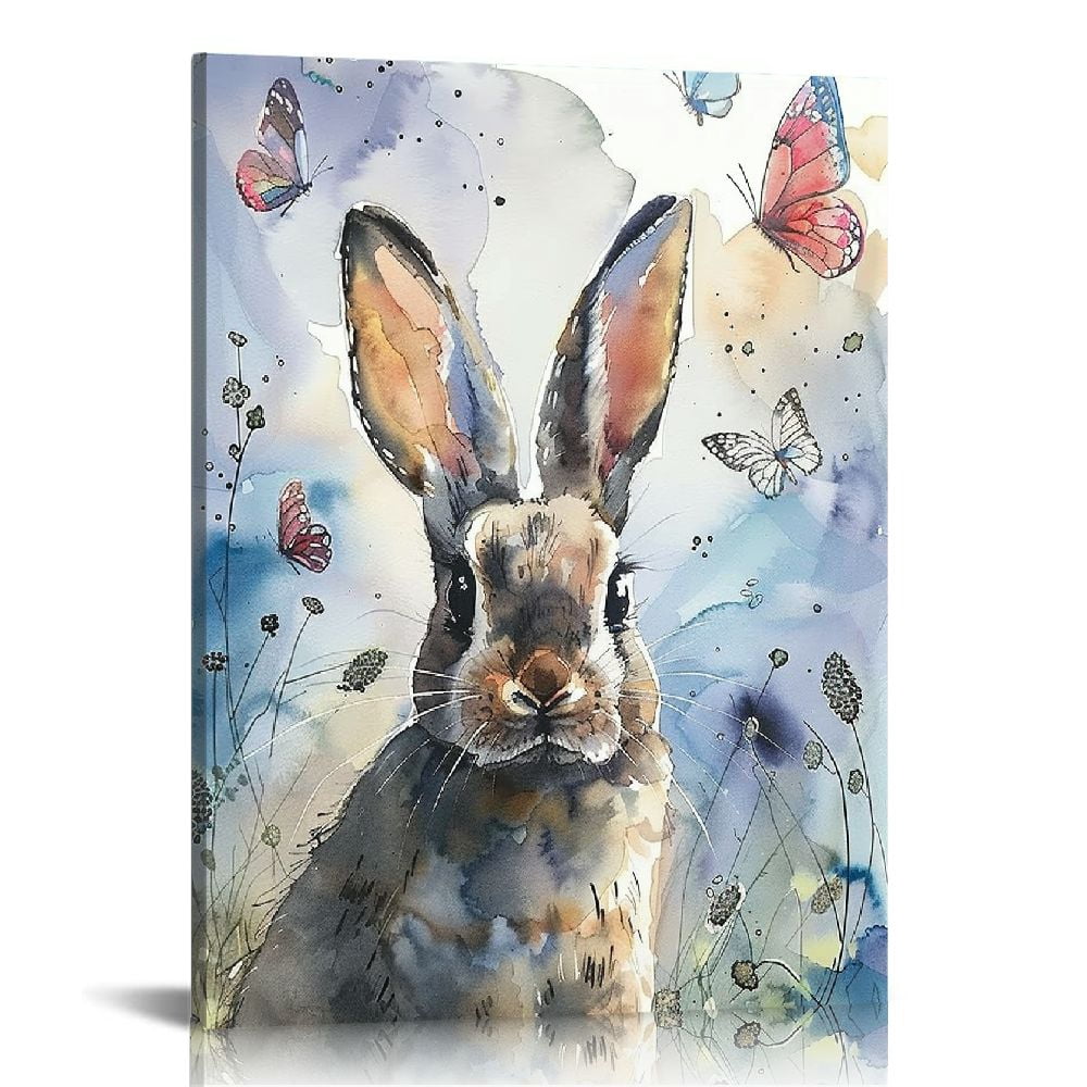 Jiayy Rabbit Portrait Animal Wall Art Decor rabbit with butterflies ...