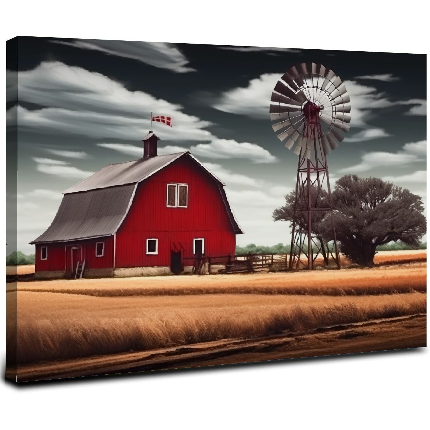 ARISTURING Red Barn Wall Art Windmill Wall Decor Black and White Old ...