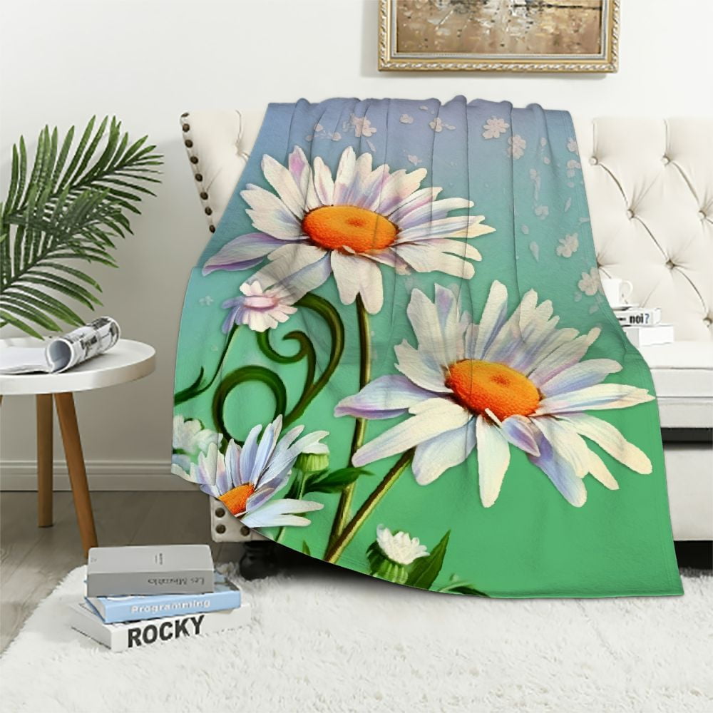 ARISTURING Retro Daisy Throw Blanket Watercolor White Wild Botanical Flowers Decor Blanket for ...