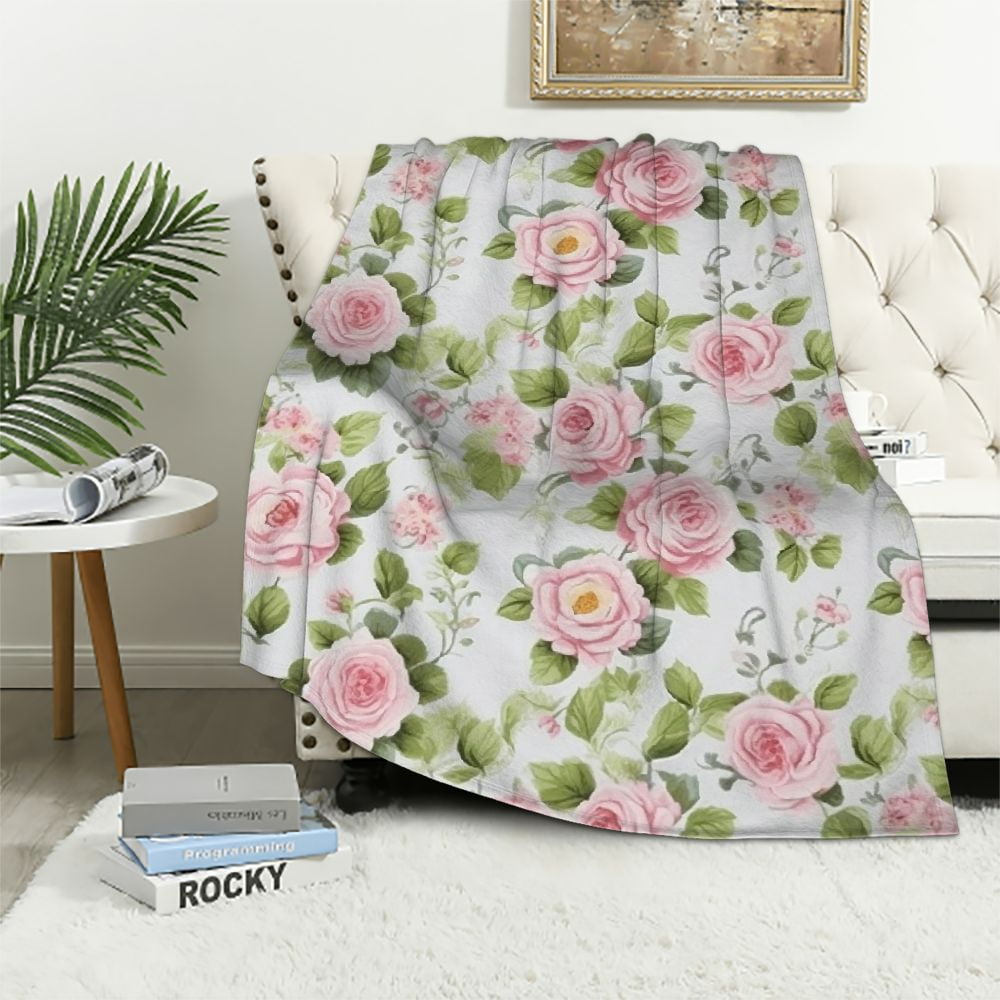HENGT Rose Throw Blanket Pattern With Pink Roses Bouquet Leaves hengt-rose-throw-blanket-pattern-with-pink-roses-bouquet-leaves