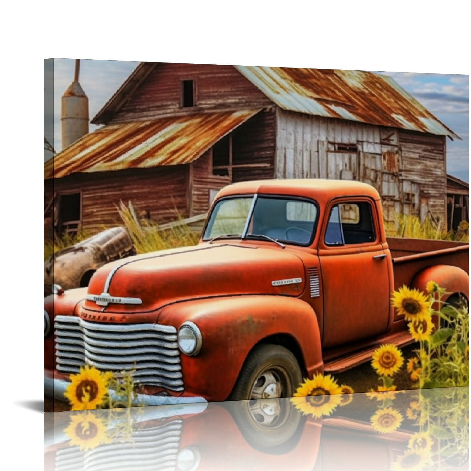 ARISTURING Rustic Farmhouse Canvas Wall Art Old Car and Cattle with ...