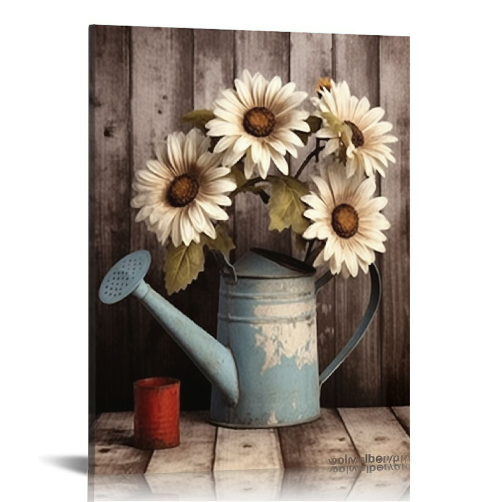 ARISTURING Rustic Farmhouse Wall Art Vintage White Sunflower Painting ...