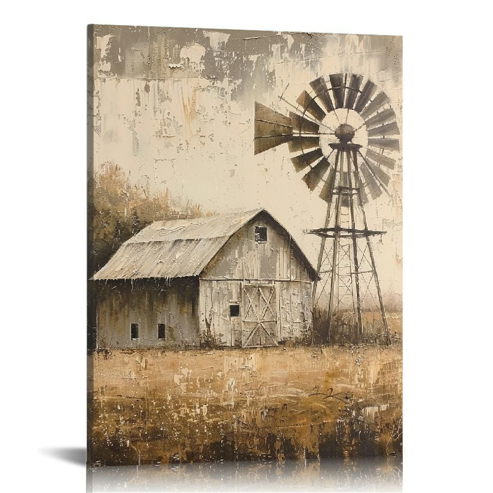 Jiayy Rustic Old Barn Wall Art Canvas Farmhouse Windmill Barn Abstract ...