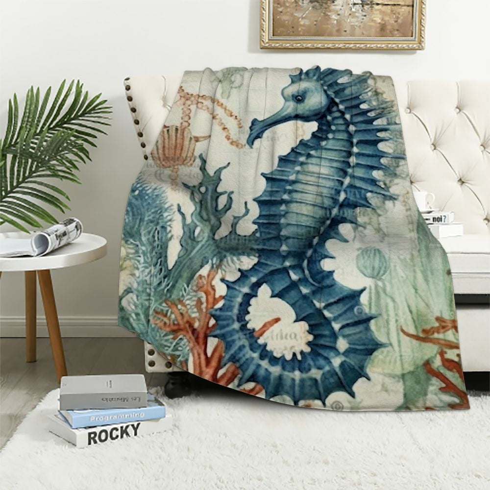 ARISTURING Sea Horse Sherpa Blanket Smooth Soft Ocean Style Print Throw ...