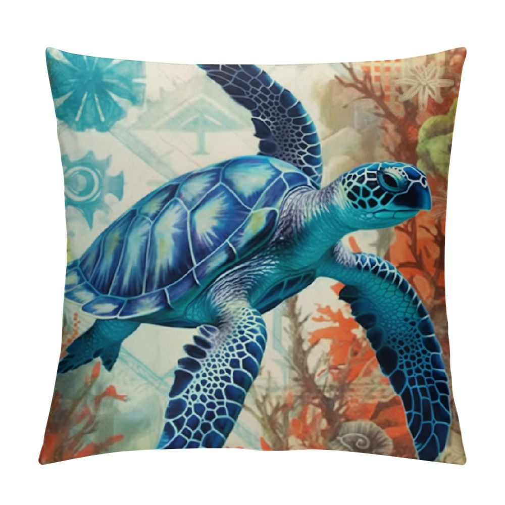 ARISTURING Sea Turtle Throw Pillow Covers Coastal Ocean Seahorse ...