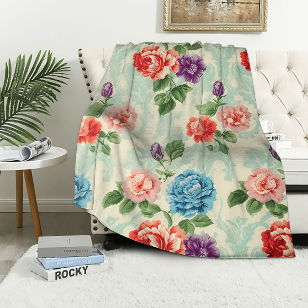 ARISTURING Shabby Flora Throw Blanket, Baroque Inspired Colorful Roses ...