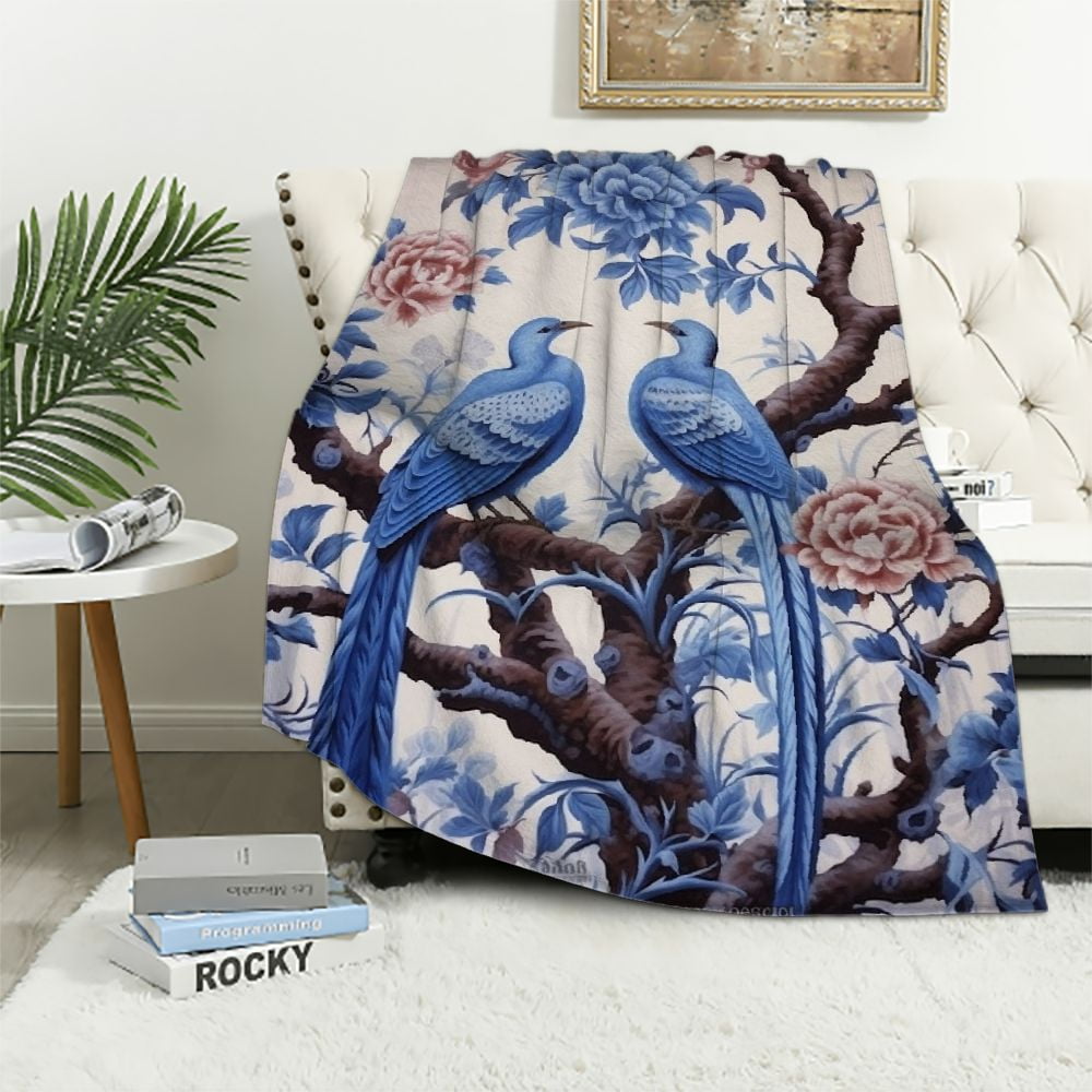 ARISTURING Summer Throw Blanket Chinoiserie Blue White Floral Pattern ...