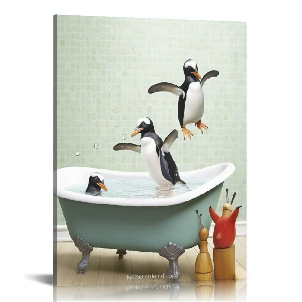 ARISTURING Sylvie Beaded Penguins in Cottage Bath Vintage Framed Canvas ...
