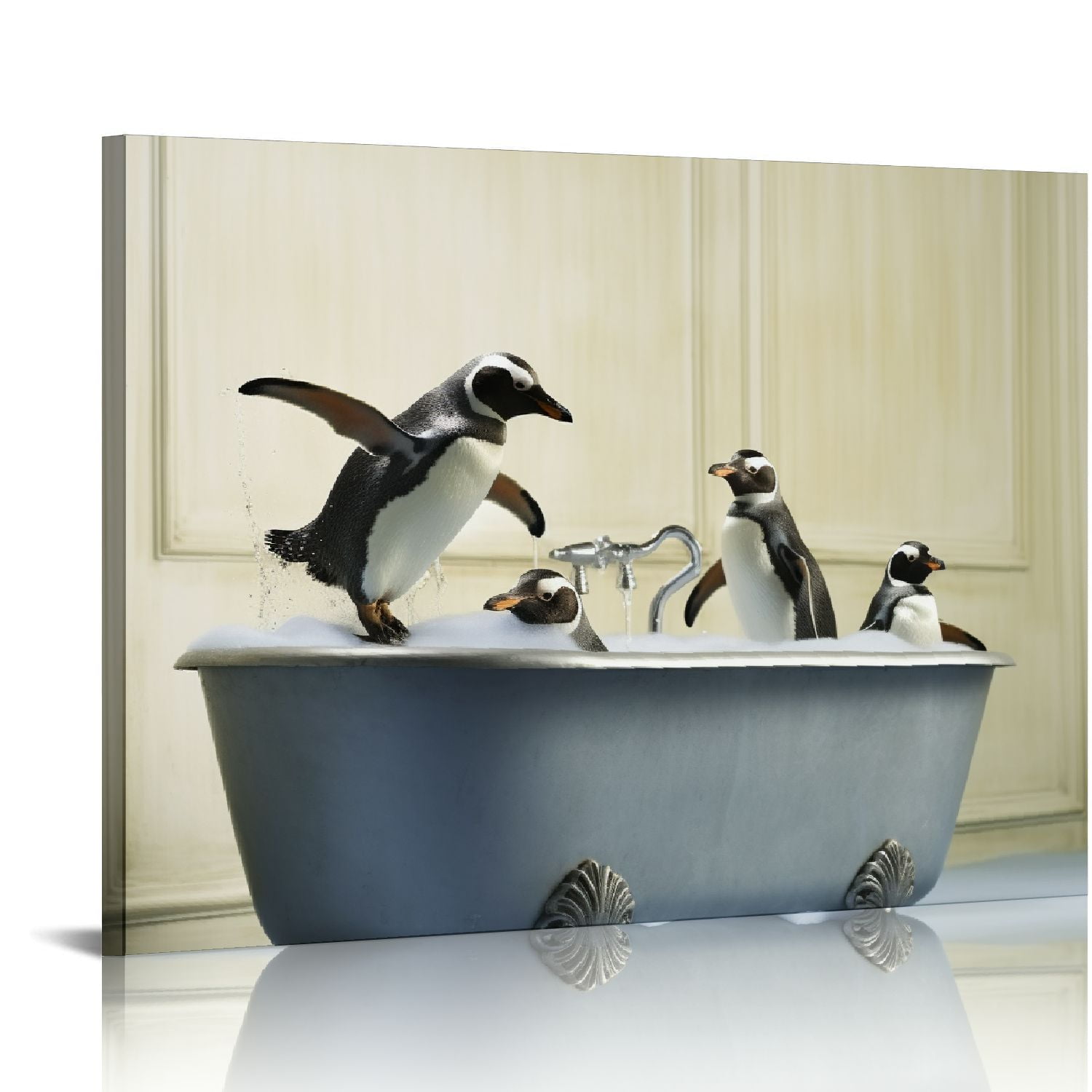 ARISTURING Sylvie Penguins In Bubble Bath Neutral Style Framed Canvas ...