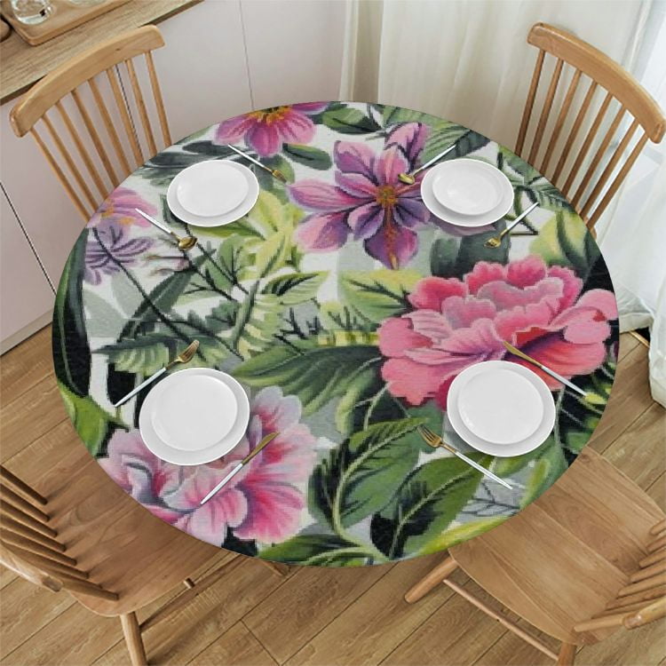 ARISTURING Table Cloth Roses Round Tablecloth Wreath Pretty Floral Pink Peony Flowers Bud Leaf ...