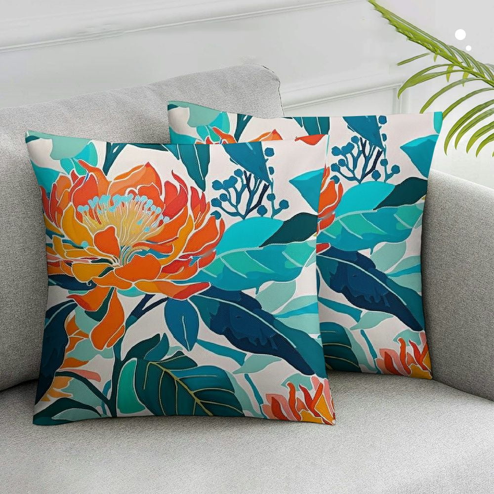 ARISTURING Teal Coral Floral Pillow Covers Turquoise Green Leaves ...
