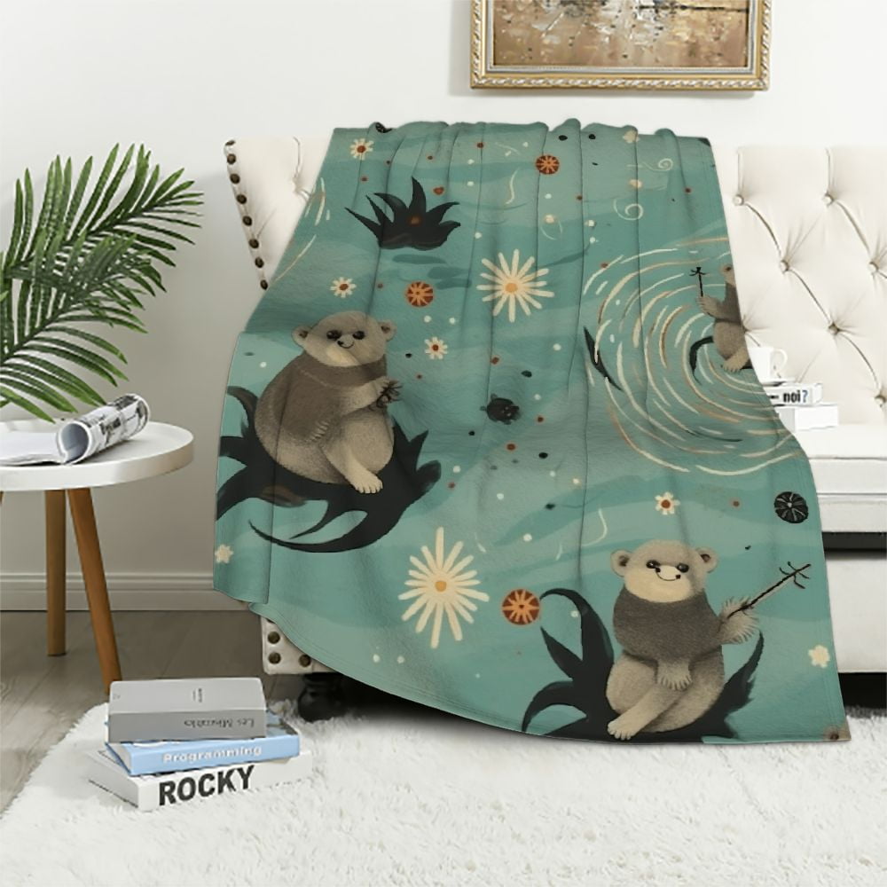 ARISTURING The Laid-Back Sea Otter Family Green Blue Cute Otters Throw ...