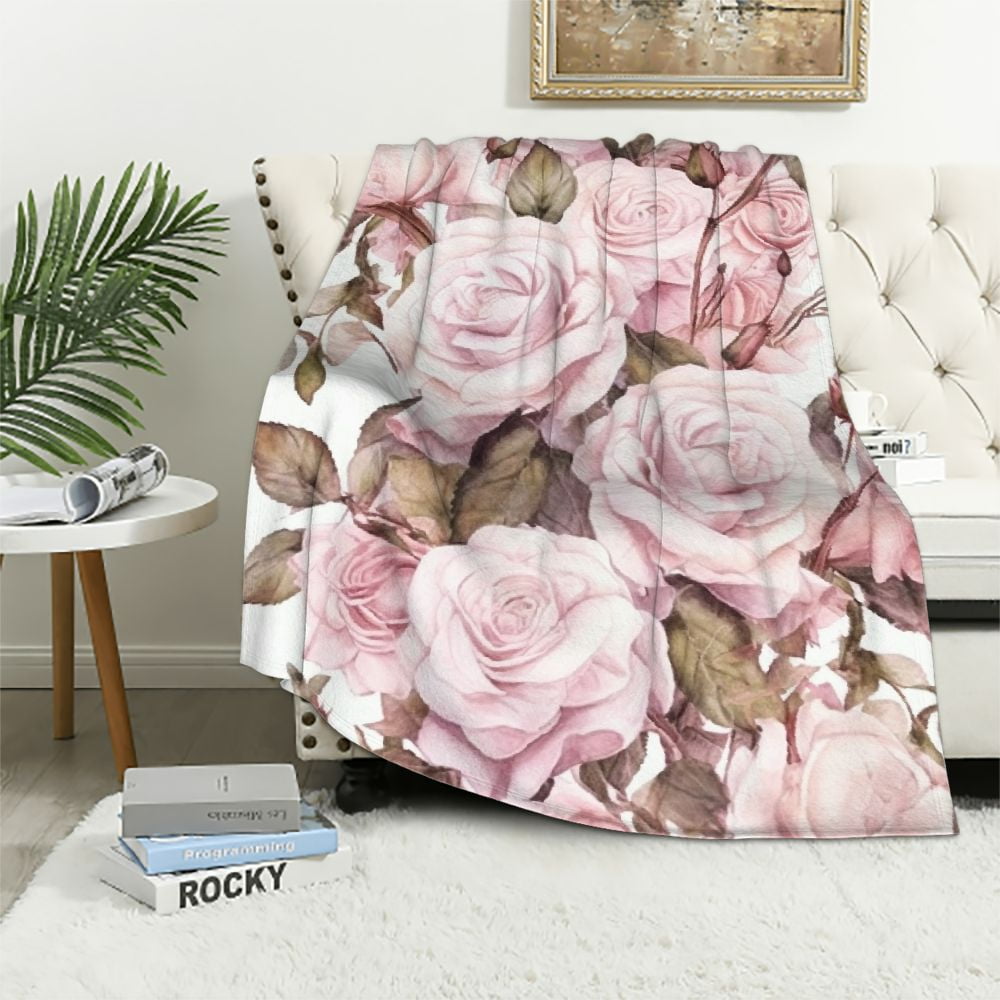HENGT Throw Blanket 60x80 Inch,Rose Watercolor Flower Flannel Soft Cozy ...