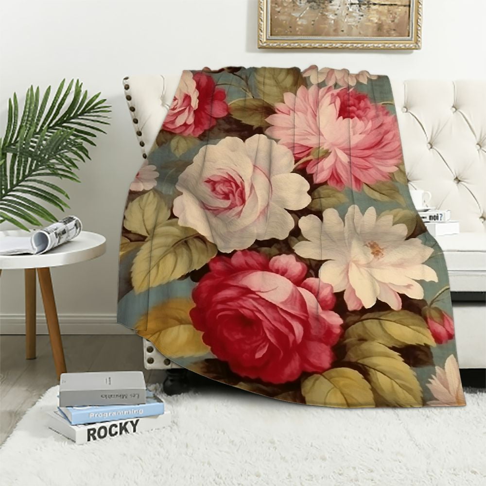 ARISTURING Throw Blanket Pink Cabbage Roses Romantic Aqua Bed Blanket ...
