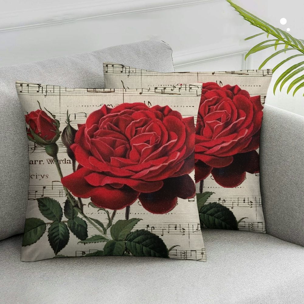Jiayy Throw Pillow Cover, Blooming Red Rose with Flowers &Green Leaves ...