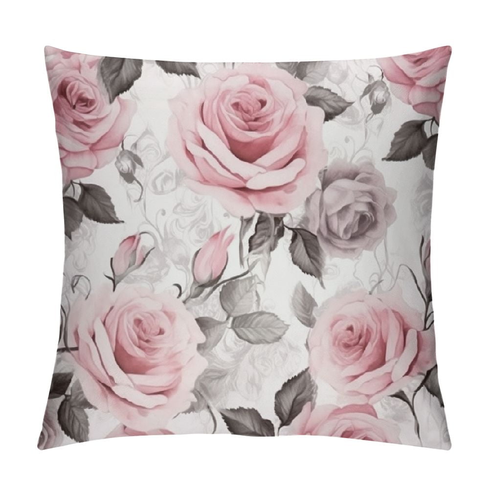 Jiayy Throw Pillow Cover Gray Abstract with Pink Flowers and Leaves on ...