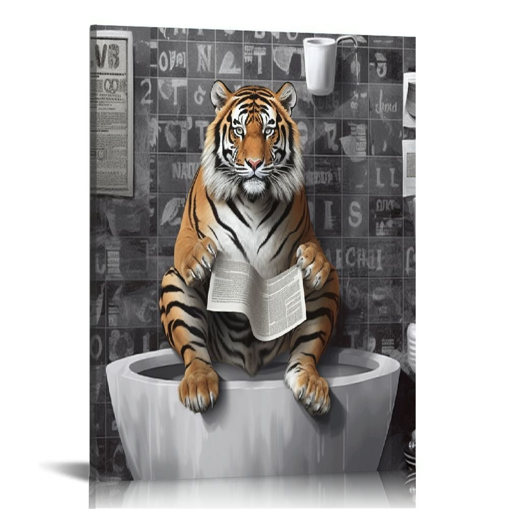 ARISTURING Tiger Bathroom Decor Wall Art Funny Tiger in Toilet Bathroom Poster Black and White ...