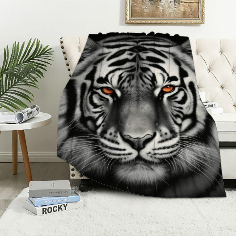 HENGT Tiger Blanket White Tiger Face Animal Print on Black Throw ...