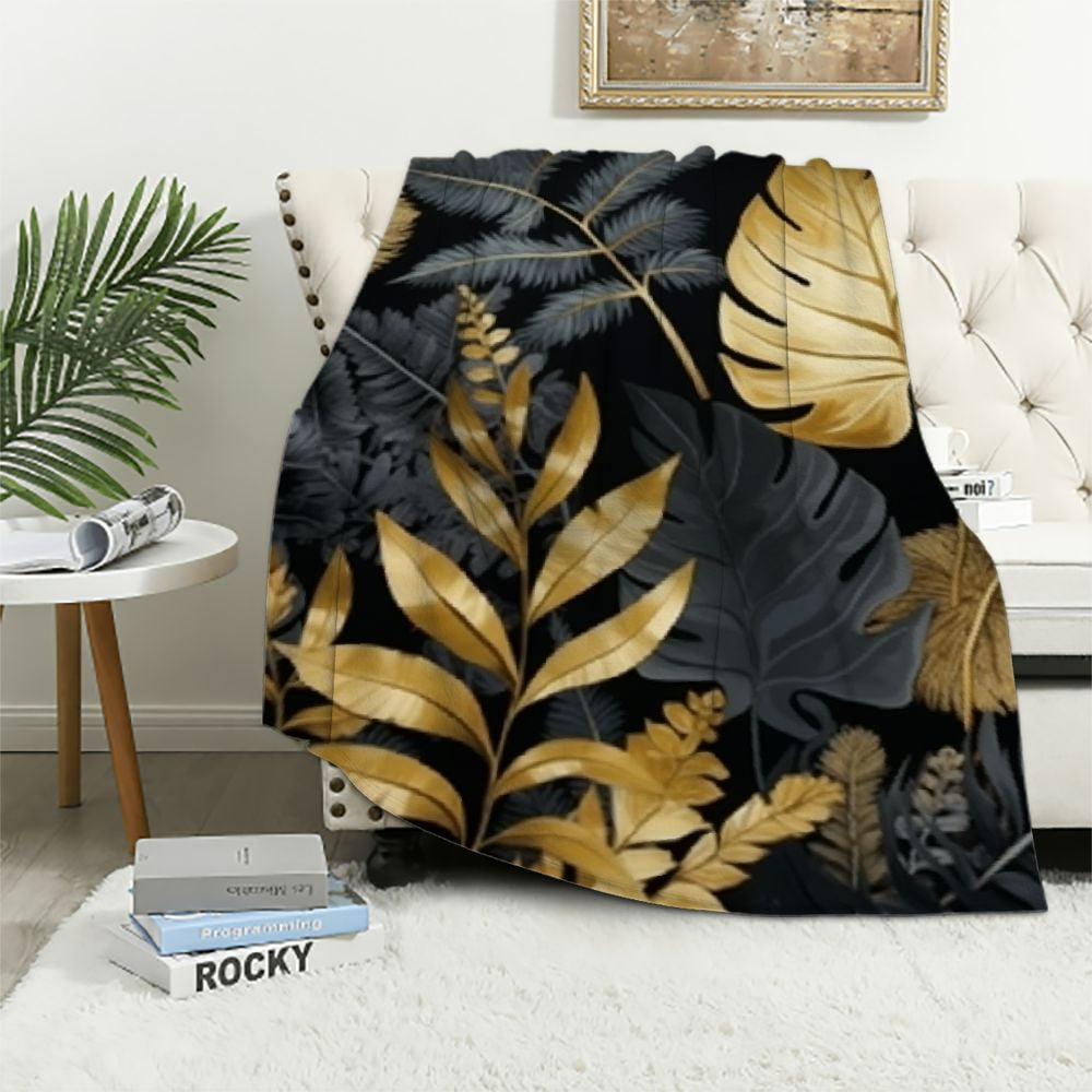 ARISTURING Tropical Leaves Blanket Gold and Black Palm Leaf Exotic ...