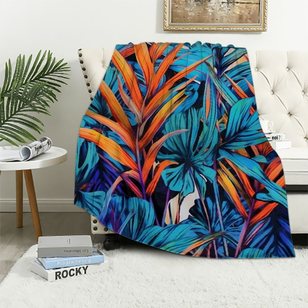 ARISTURING Tropical Leaves Throw Blanket Blue Leaves Palm Tree and ...