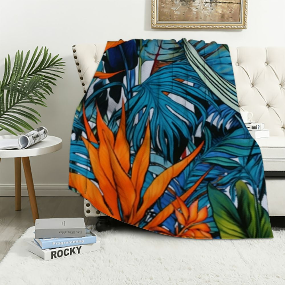 ARISTURING Tropical Leaves Throw Blanket Blue Leaves Palm Tree and ...