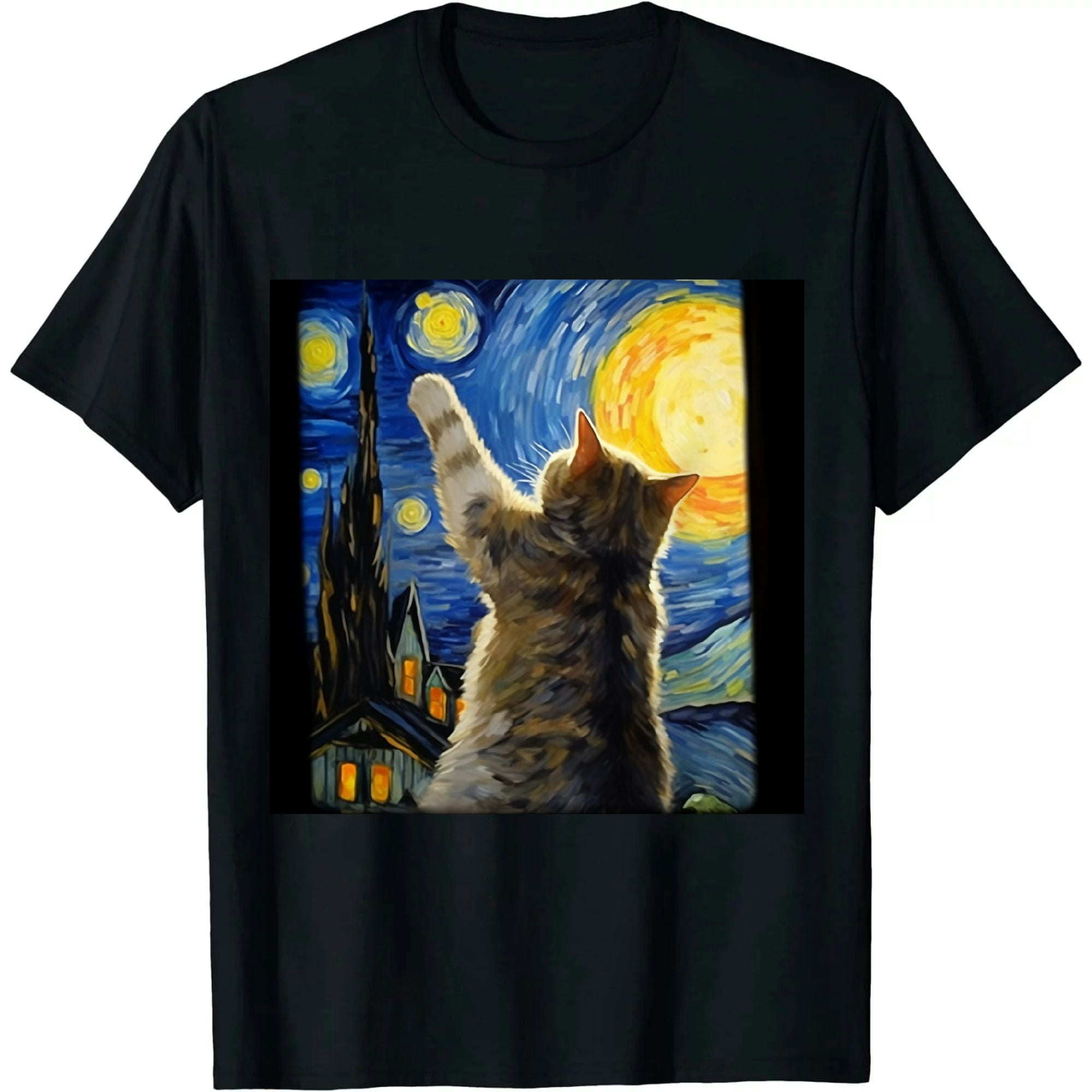ARISTURING Van Gogh Starry Night Cat T-Shirt - Classic Fit, Cat Lover ...