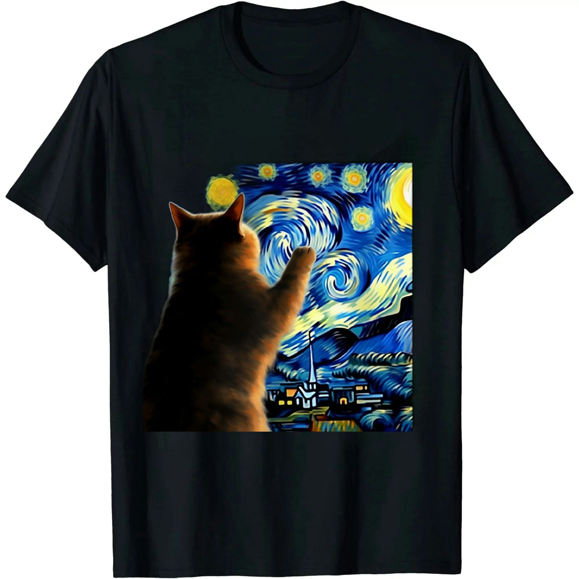 ARISTURING Van Gogh Starry Night Cat T-Shirt - Classic Fit, Cat Lover ...
