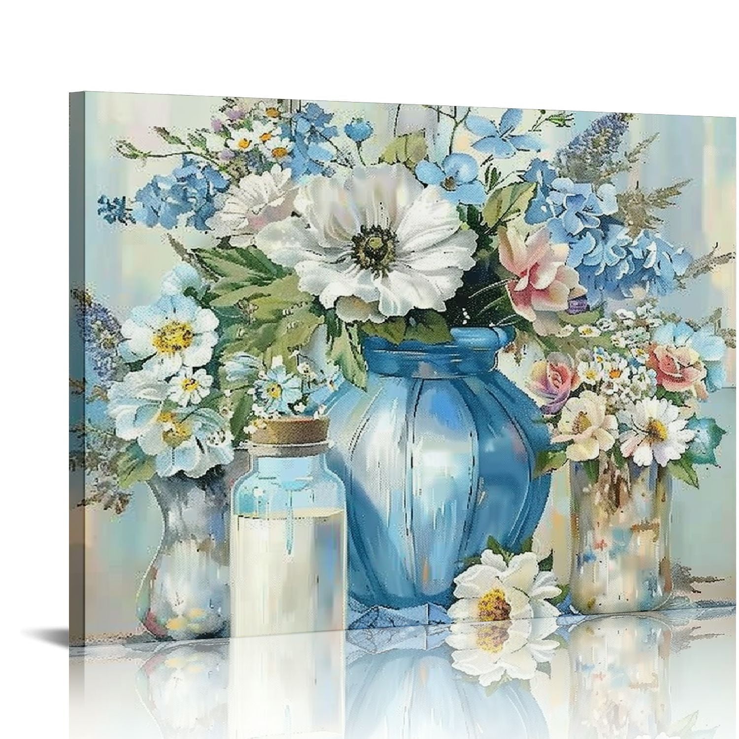 ARISTURING Vintage Blue Flowers Wall Art Rustic Blue White Flowers Art ...