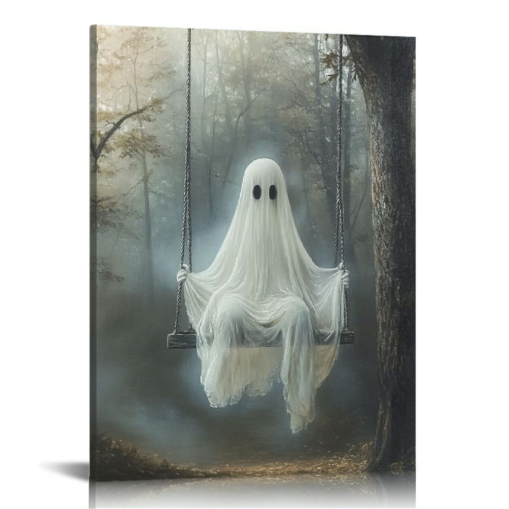 ARISTURING Vintage Cute Ghost Canvas Wall Art, Funny Ghost on A Swing ...