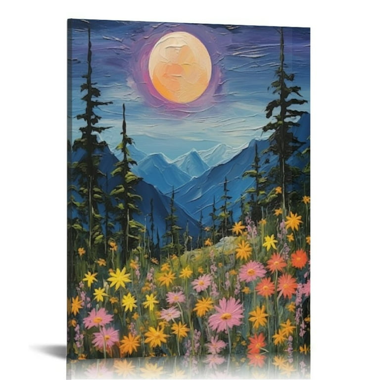 Antique Illustration Of Full Moon And Trees Vintage Forest Mountain