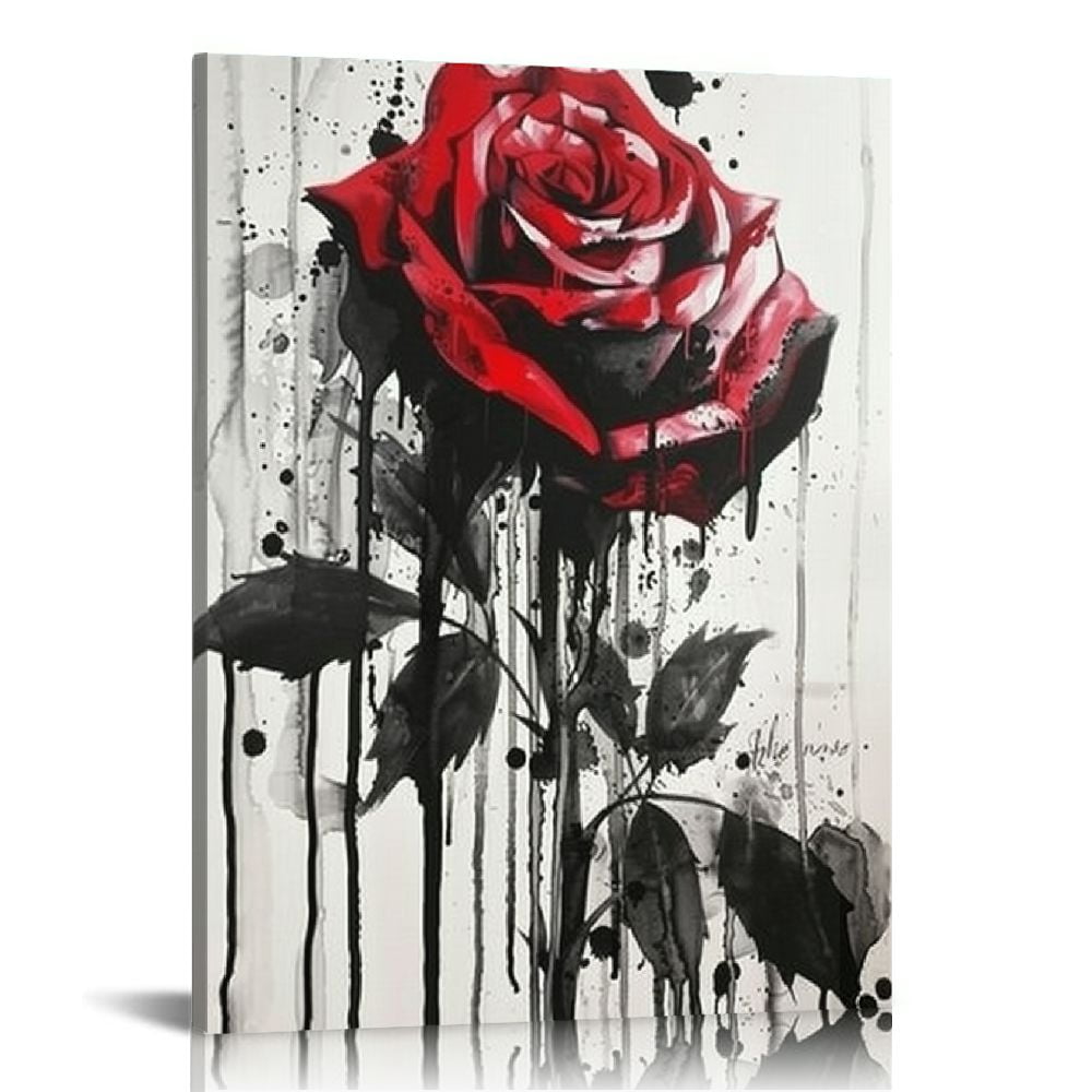 Jiayy Vintage Rose Painting Canvas Wall Art, Retro Black And White Red ...