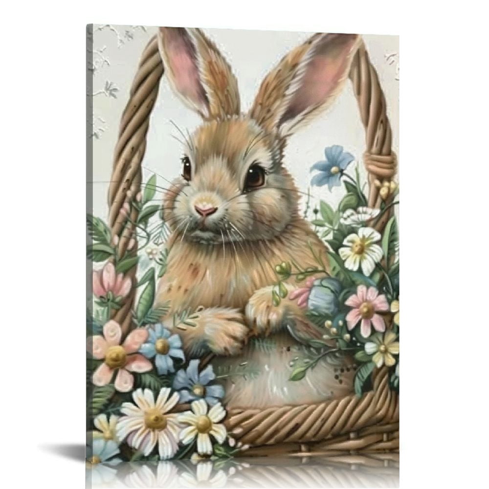 ARISTURING Wall Art Decor Rabbit With Flowers In A Basket Animal Canvas ...