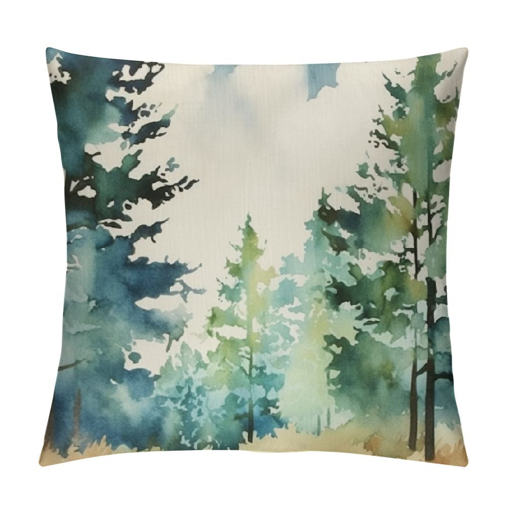 ARISTURING Watercolor Blue Green Tree Pillow Covers Rustic Style Nature ...