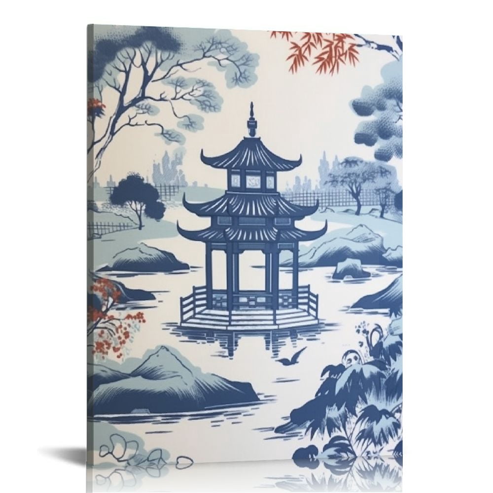 ARISTURING White Coral Navy Blue Asian Chinoiserie Pagoda Canvas Wall ...