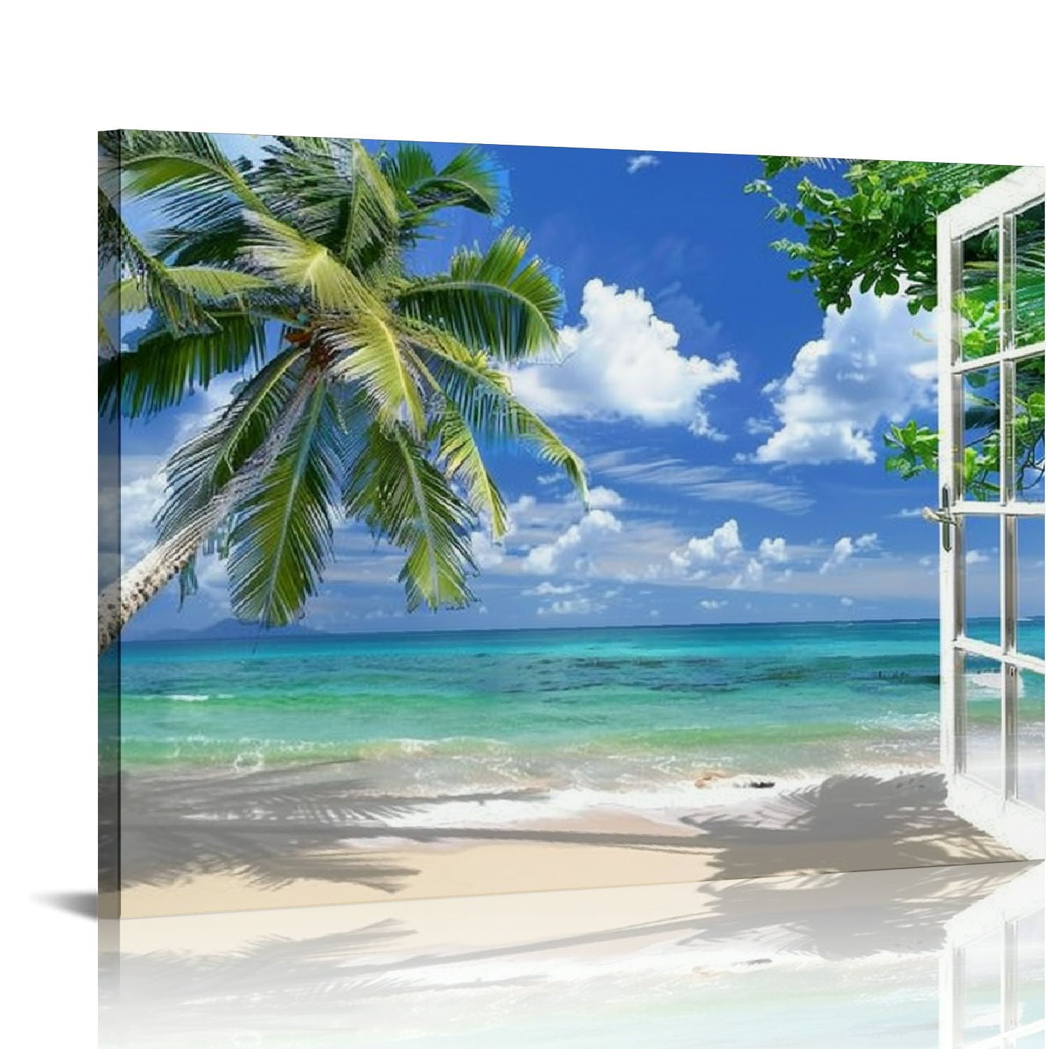 ARISTURING Window Beach Picture Canvas Wall Art Palm Tree Fake Open ...