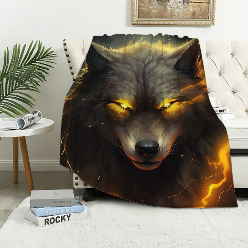 ARISTURING Wolf Gifts Blanket, Black Gold Fire Lightning Wolf Throw ...