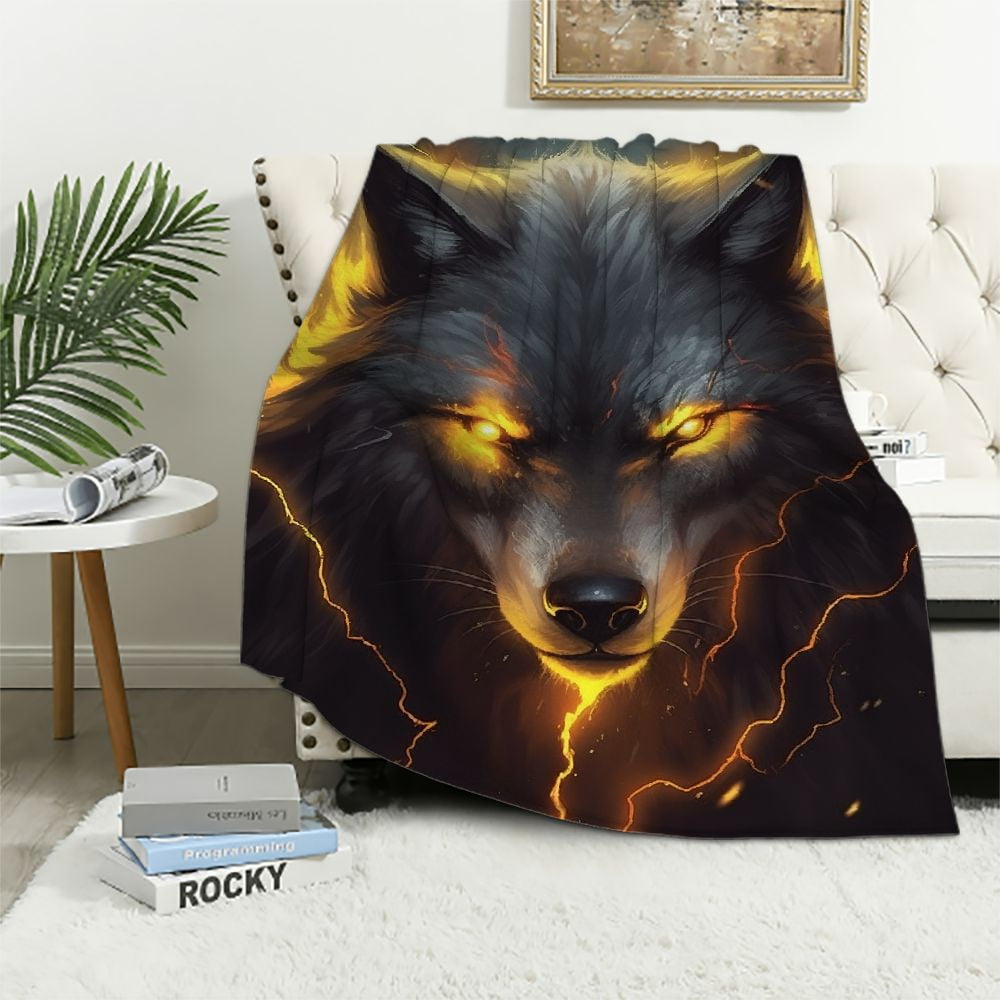 ARISTURING Wolf Gifts Blanket, Black Gold Fire Lightning Wolf Throw ...