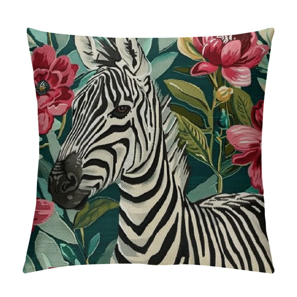 HENGT Zebra Throw Pillow Case Wild Safari Black White Striped Zebras in Pink Flowers Green Palm ...