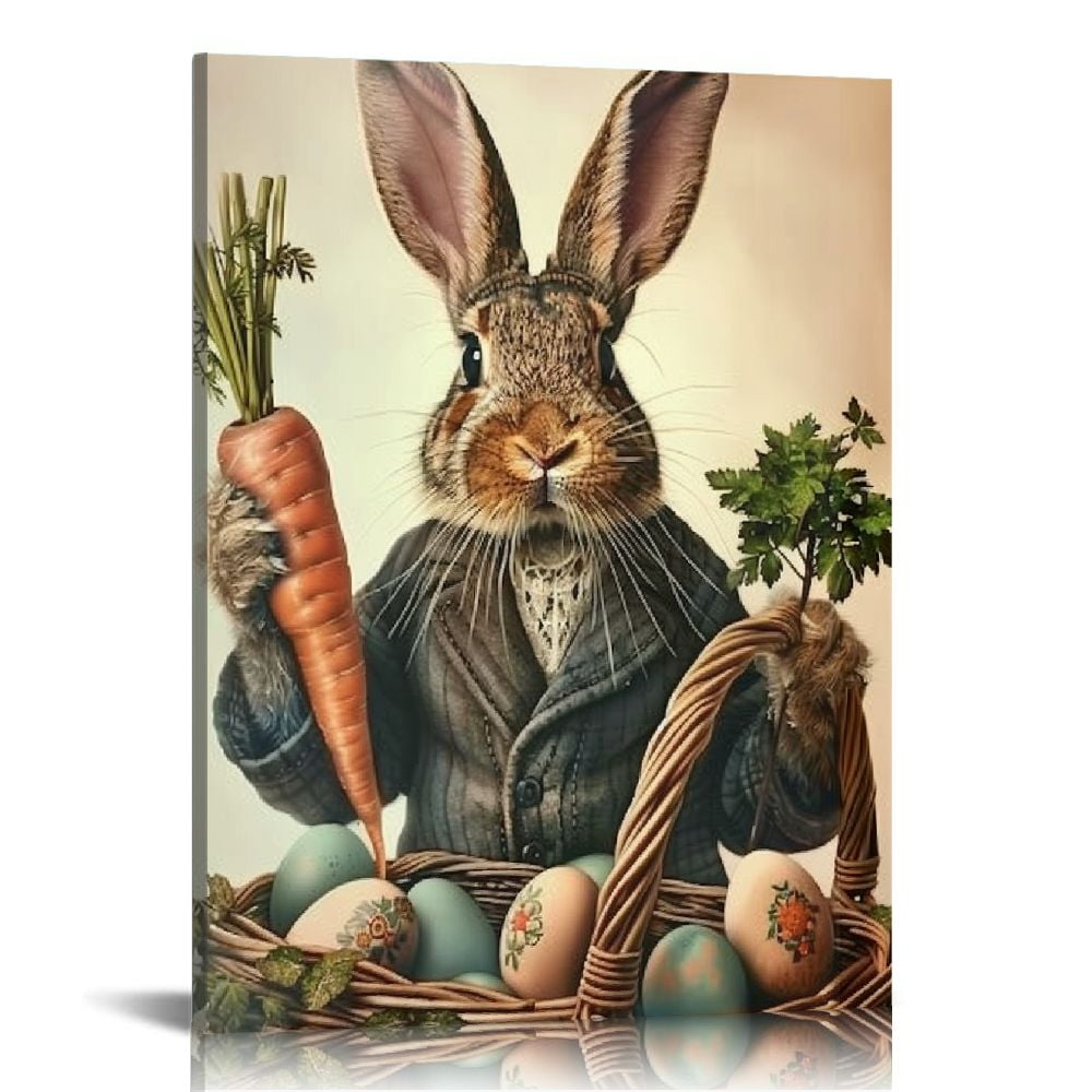 Jiayy rabbit holding basket Canvas Wall Art Easter Printed Wall Decor ...