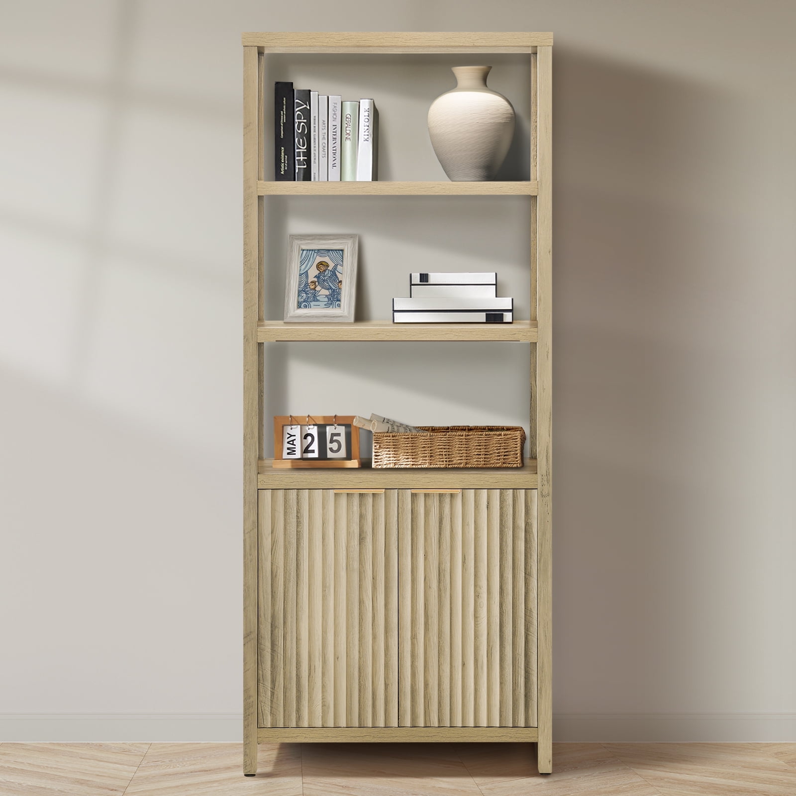 ARKANTOS 5 Shelf Bookshelf and Bookcase 71" with Wave Pattern Doors ...