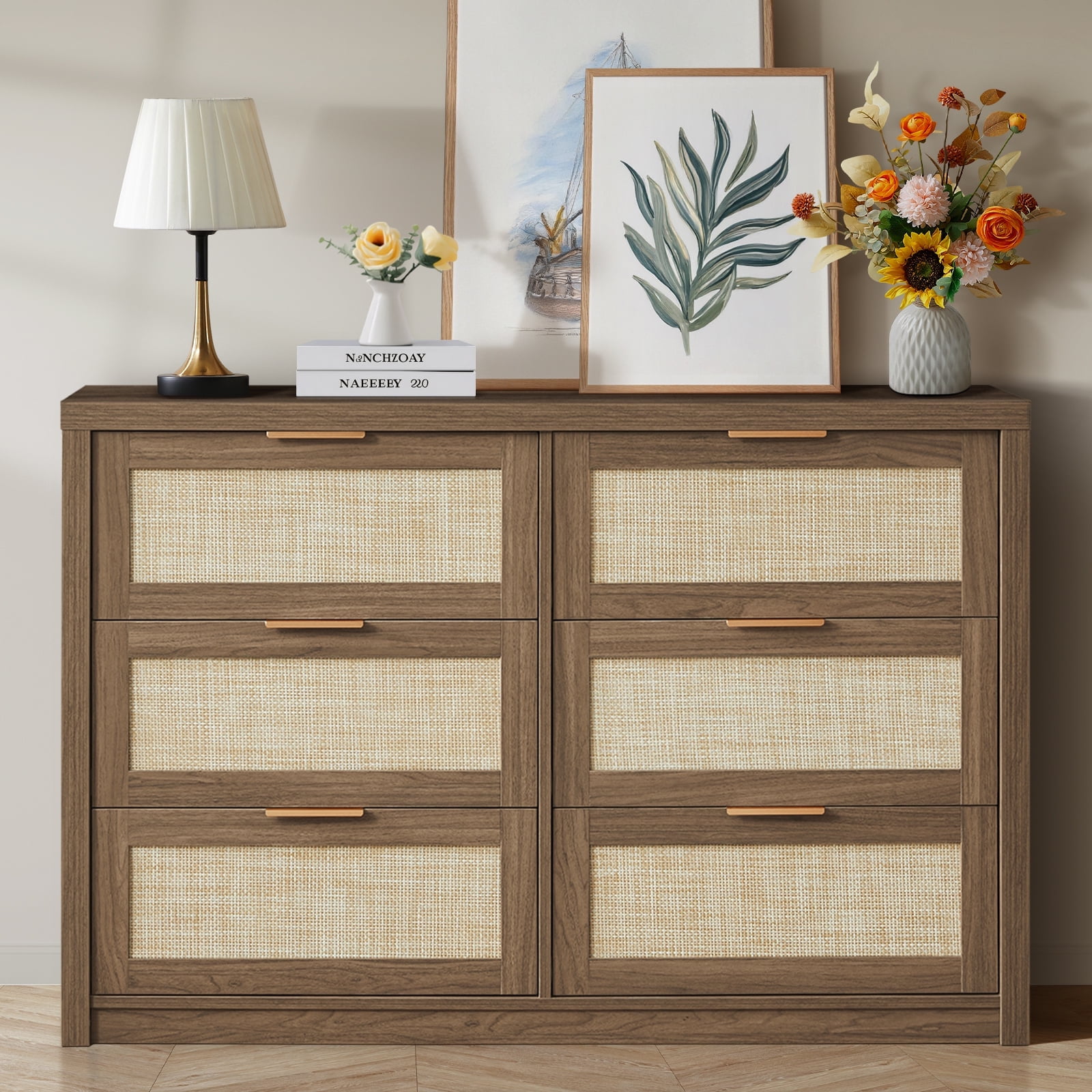 ARKANTOS 6 Drawer Rattan Dresser, Bohemian Chest of Drawers for Bedroom ...