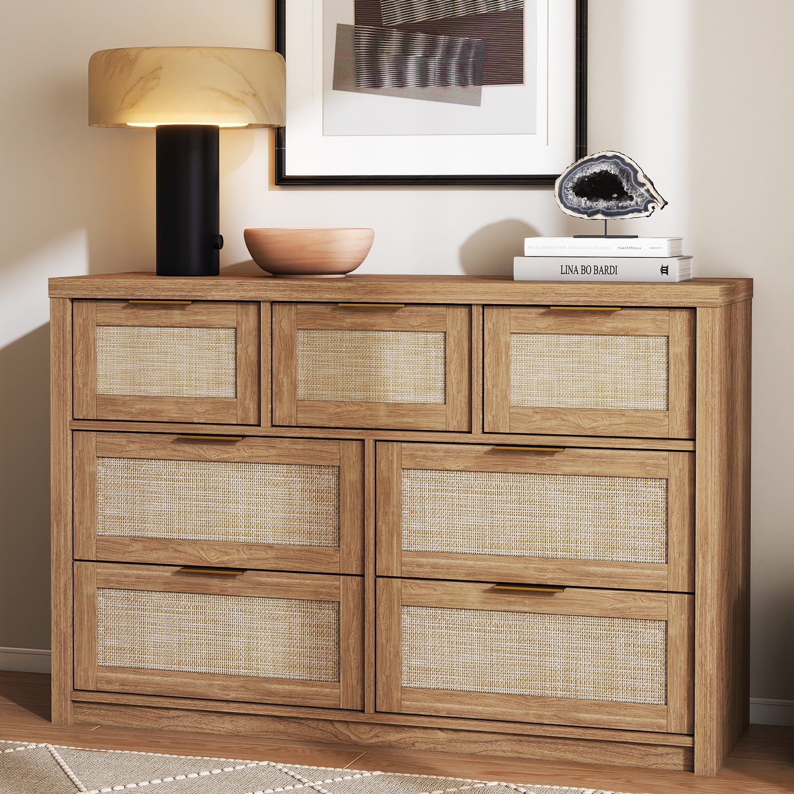 ARKANTOS 7 Drawer Rattan Dresser,Wood Storage Closet,Bohemian Chest of ...