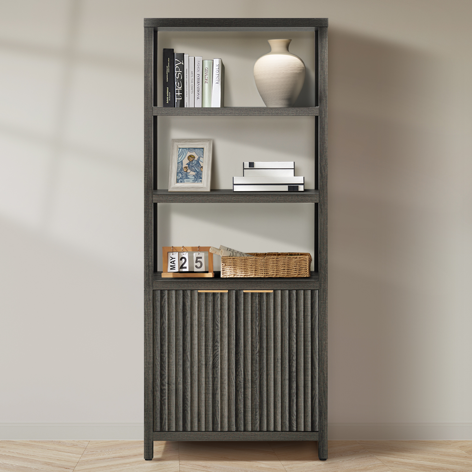 ARKANTOS Fluted Bookshelf with Doors Adjustable Shelf and Storage ...